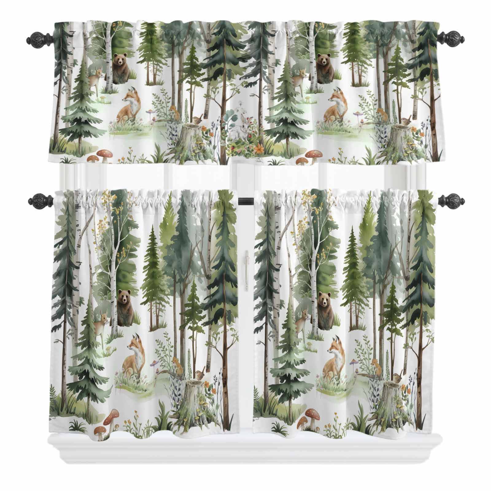3 Piece Kitchen Curtains and Valances Set Green Forest Cafe Curtains 36 ...