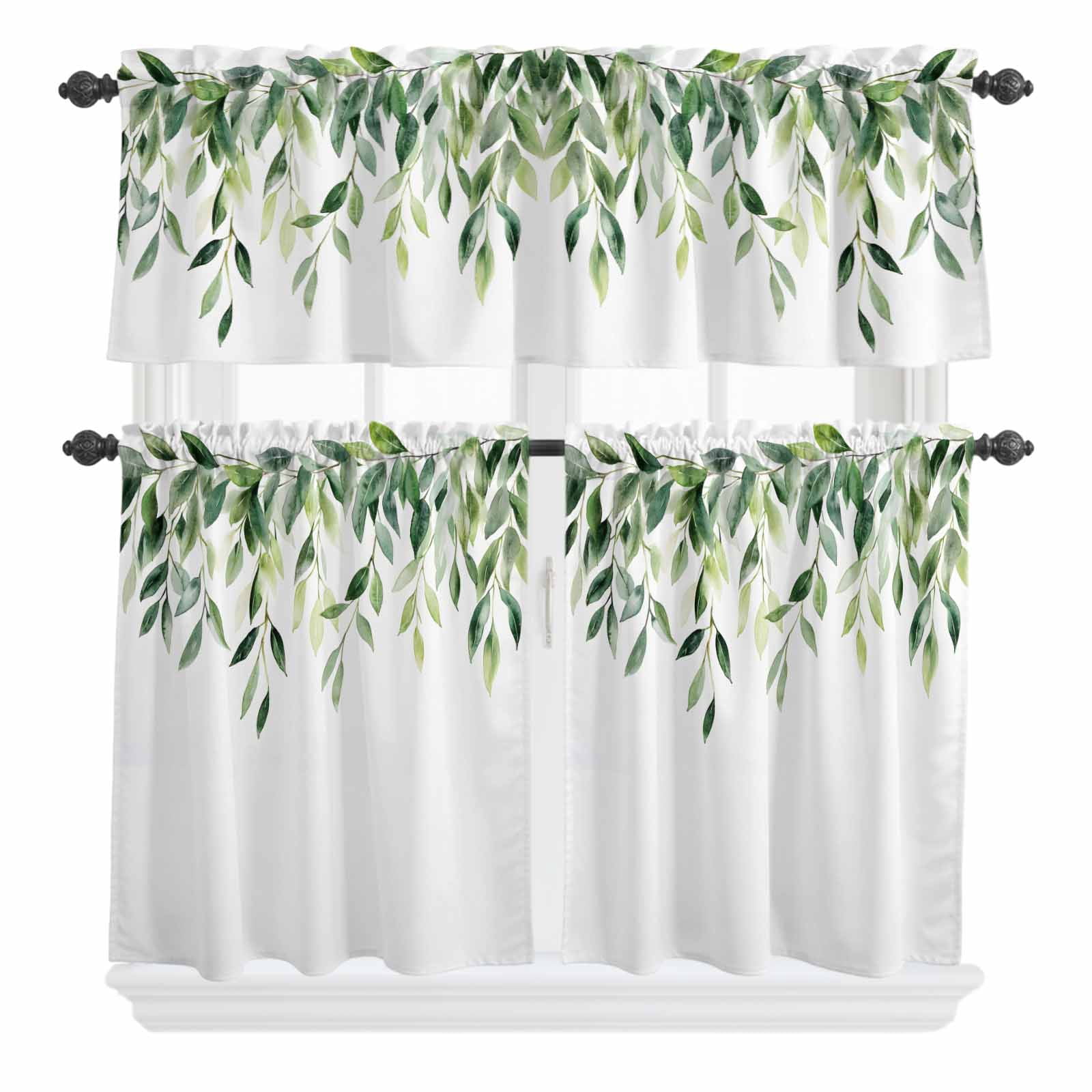 3 Piece Kitchen Curtains and Valances Set Green Leaves Cafe Curtains 24 ...