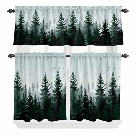3 Piece Kitchen Curtains and Valances Set Green Mist Forest Cafe ...