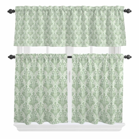 3 Piece Kitchen Curtains and Valances Set Green Scroll Floral Cafe ...