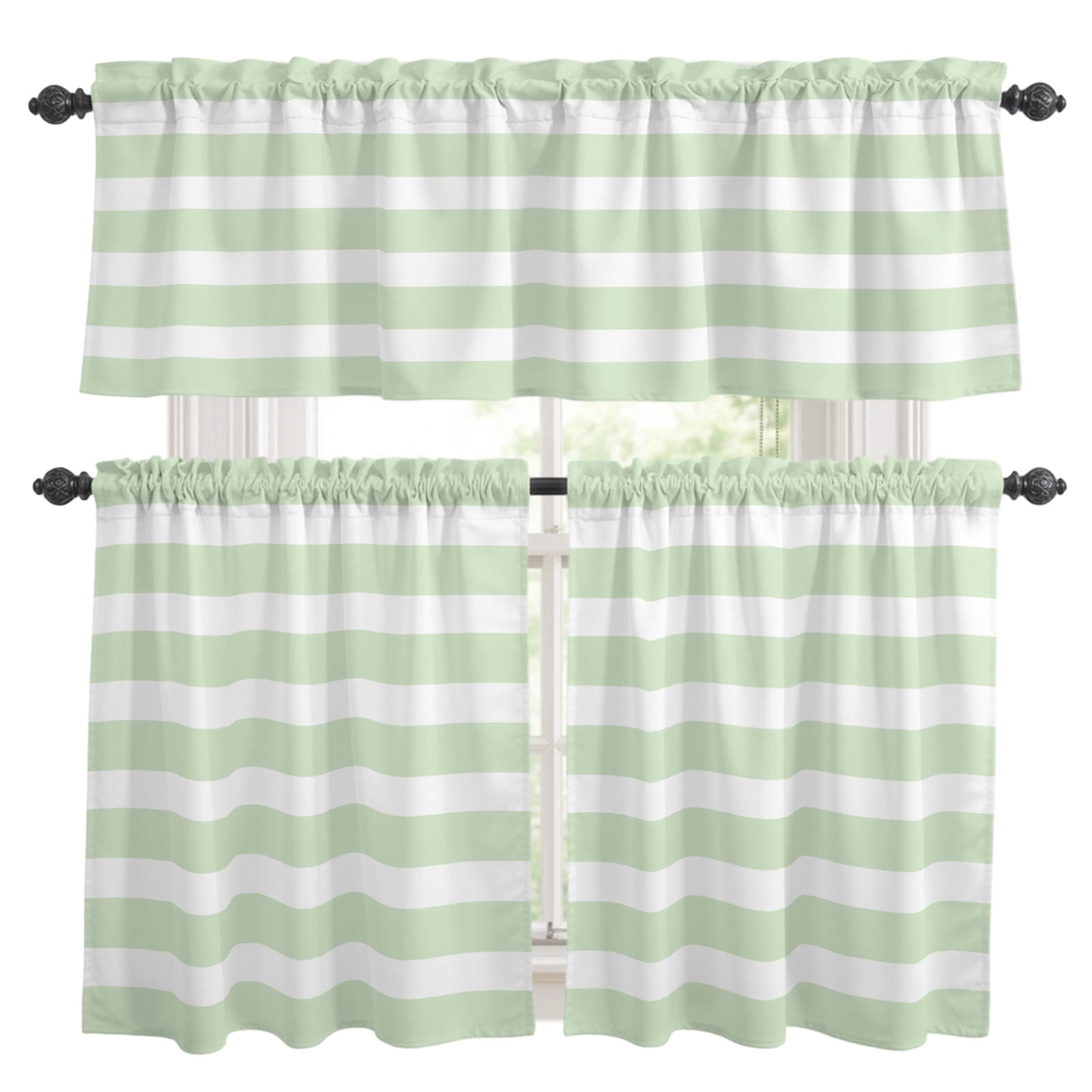 3 Piece Kitchen Curtains and Valances Set Green Striped Cafe Curtains ...