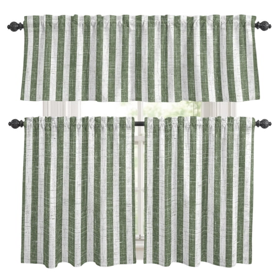 3 Piece Kitchen Curtains and Valances Set Green Stripes Cafe Curtains ...