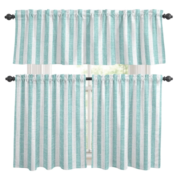 3 Piece Kitchen Curtains and Valances Set Green Stripes Cafe Curtains ...