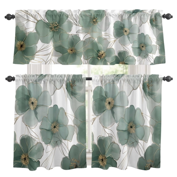 3 Piece Kitchen Curtains and Valances Set Green Tulip Flowers Cafe ...