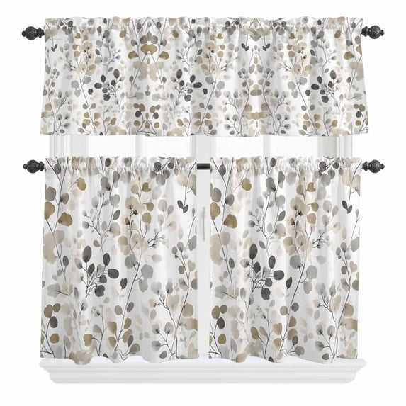 3 Piece Kitchen Curtains and Valances Set Grey Brown Botanical Cafe ...