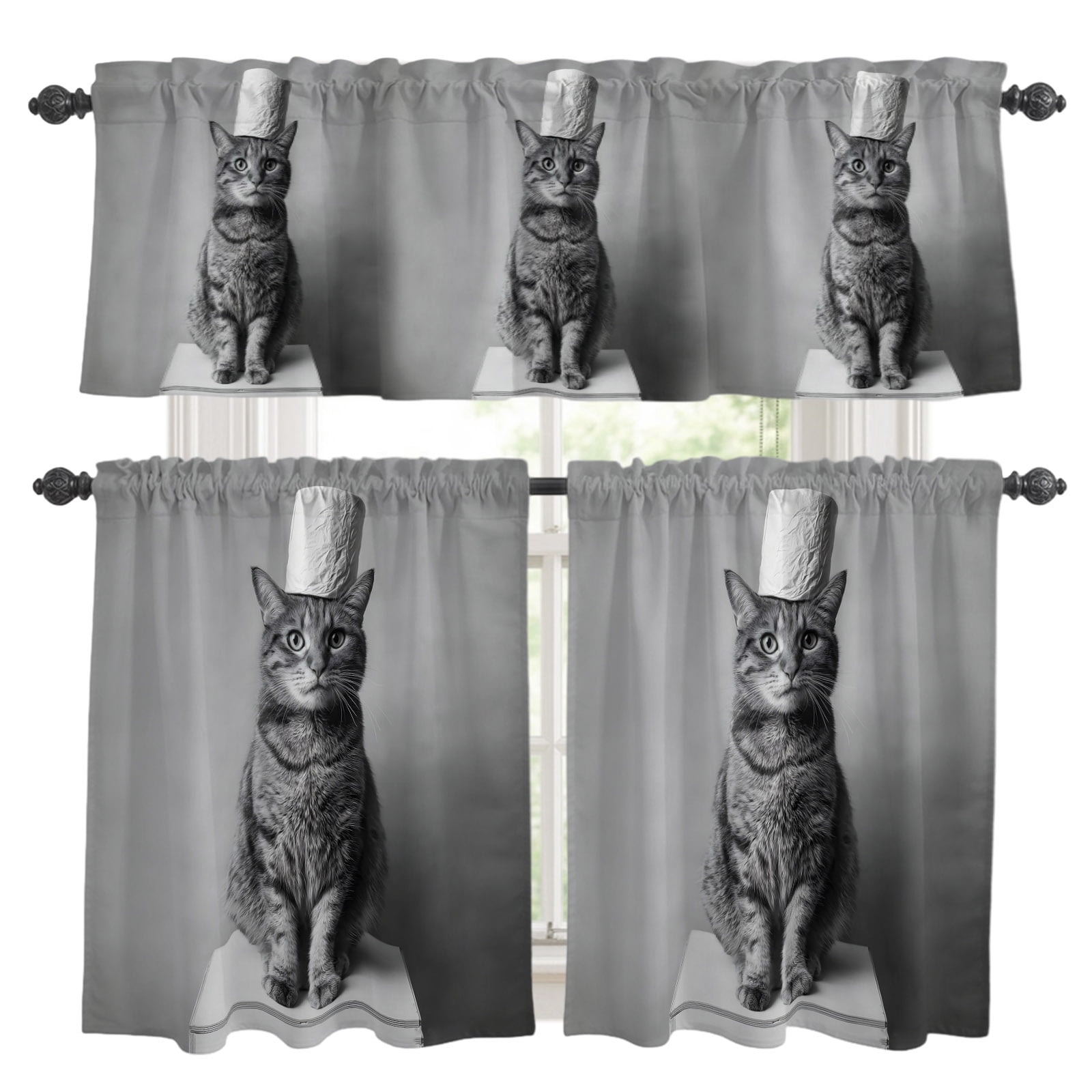 3 Piece Kitchen Curtains and Valances Set Grey Cat Cafe Curtains 36 ...