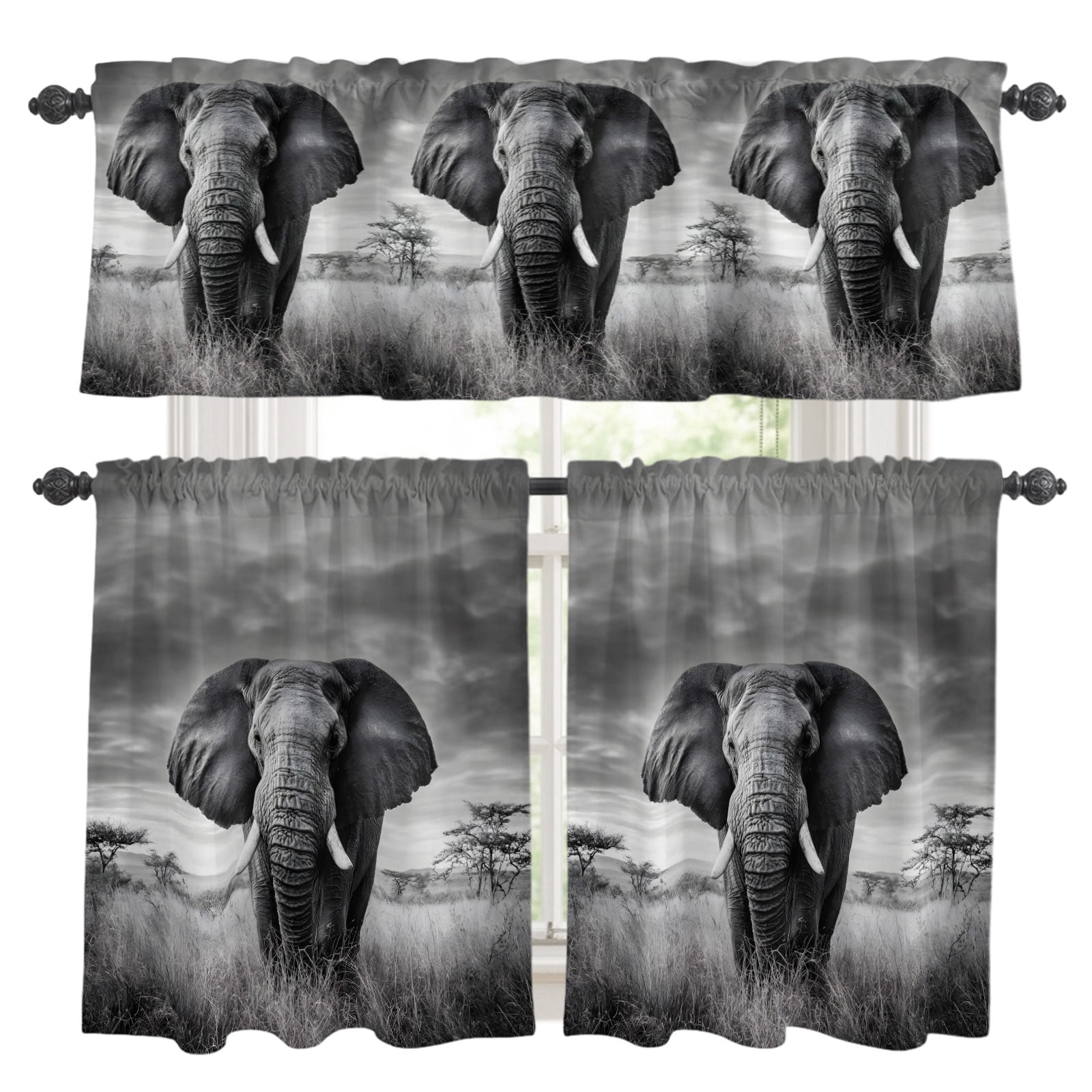 3 Piece Kitchen Curtains and Valances Set Grey Elephants Cafe Curtains ...