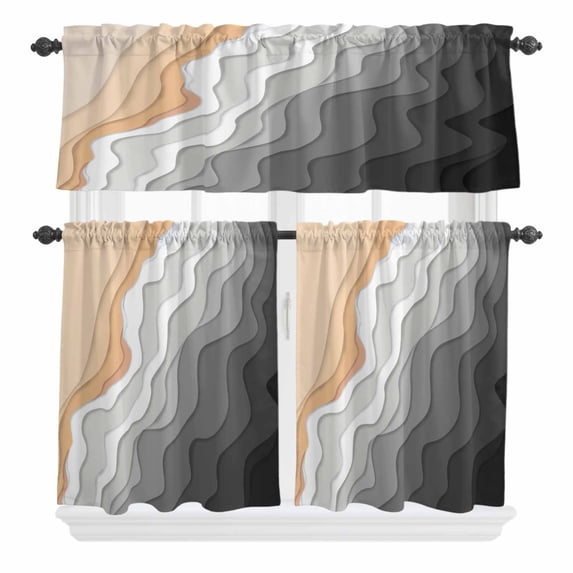 3 Piece Kitchen Curtains and Valances Set Grey Geometric Beach Cafe ...