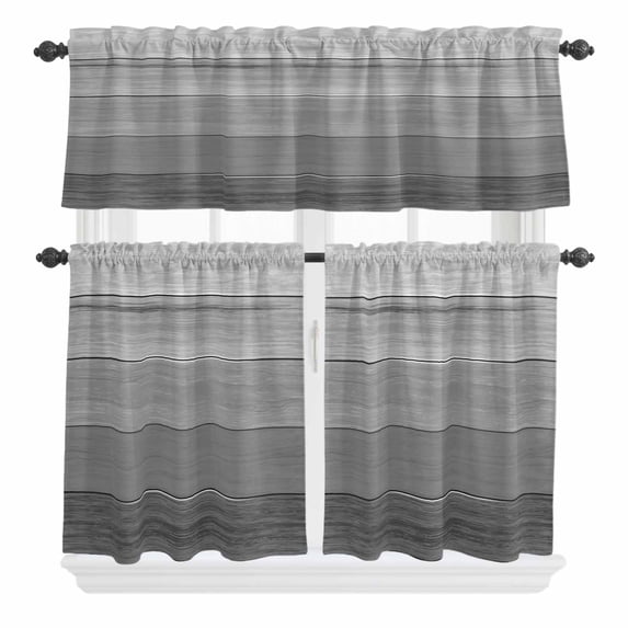 3 Piece Kitchen Curtains and Valances Set Grey Ombre Wooden Cafe ...