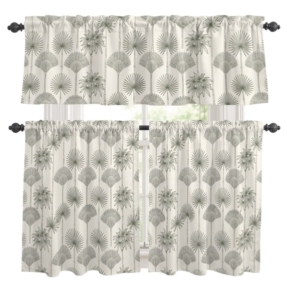 3 Piece Kitchen Curtains and Valances Set Grey Palm Leaf Cafe Curtains ...