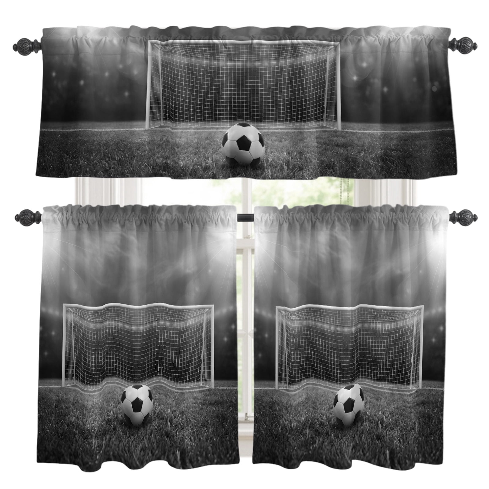 3 Piece Kitchen Curtains and Valances Set Grey Soccer Ball Cafe ...