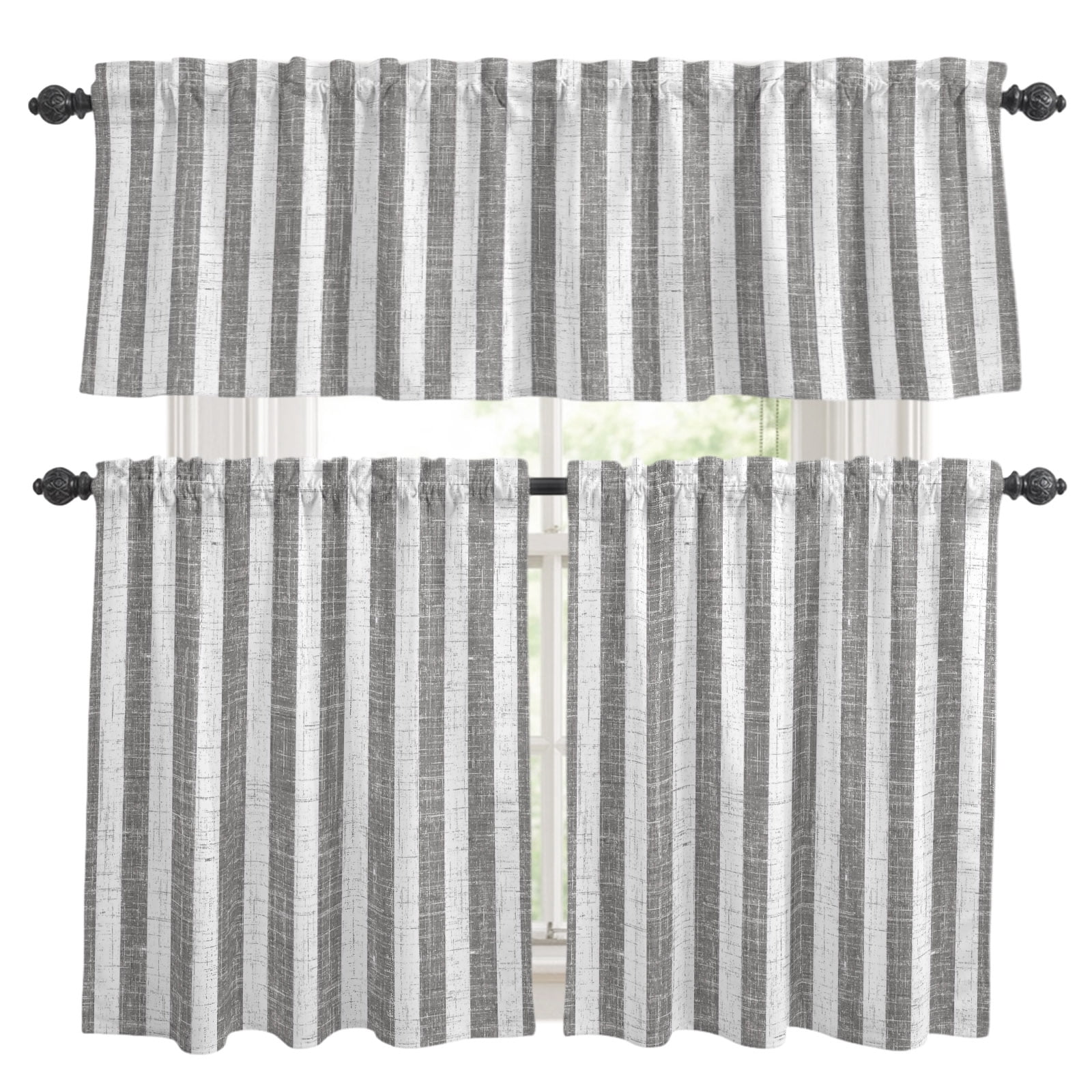 3 Piece Kitchen Curtains and Valances Set Grey Stripes Cafe Curtains 24 ...
