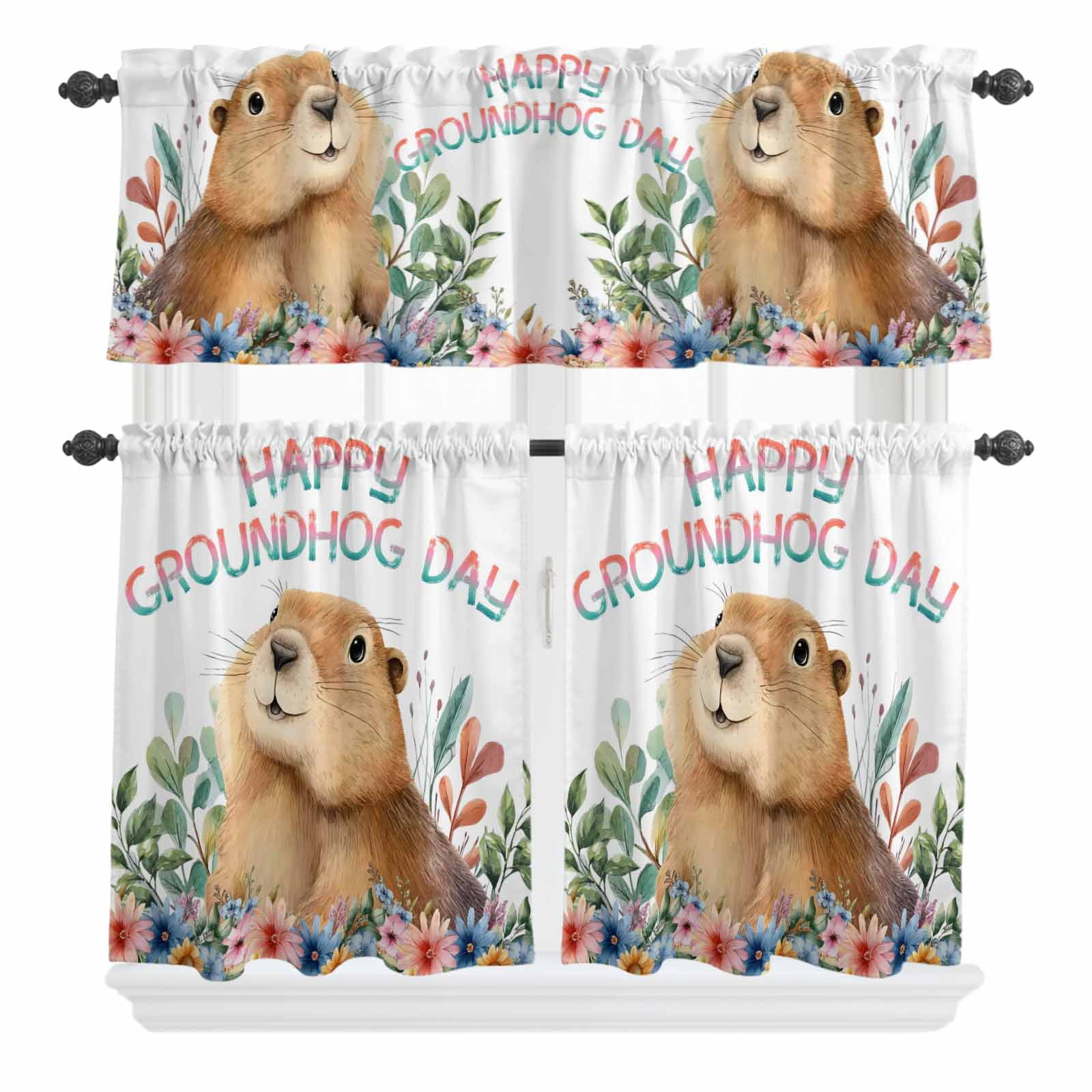 3 Piece Kitchen Curtains and Valances Set Ground Rat Flower Bushes ...