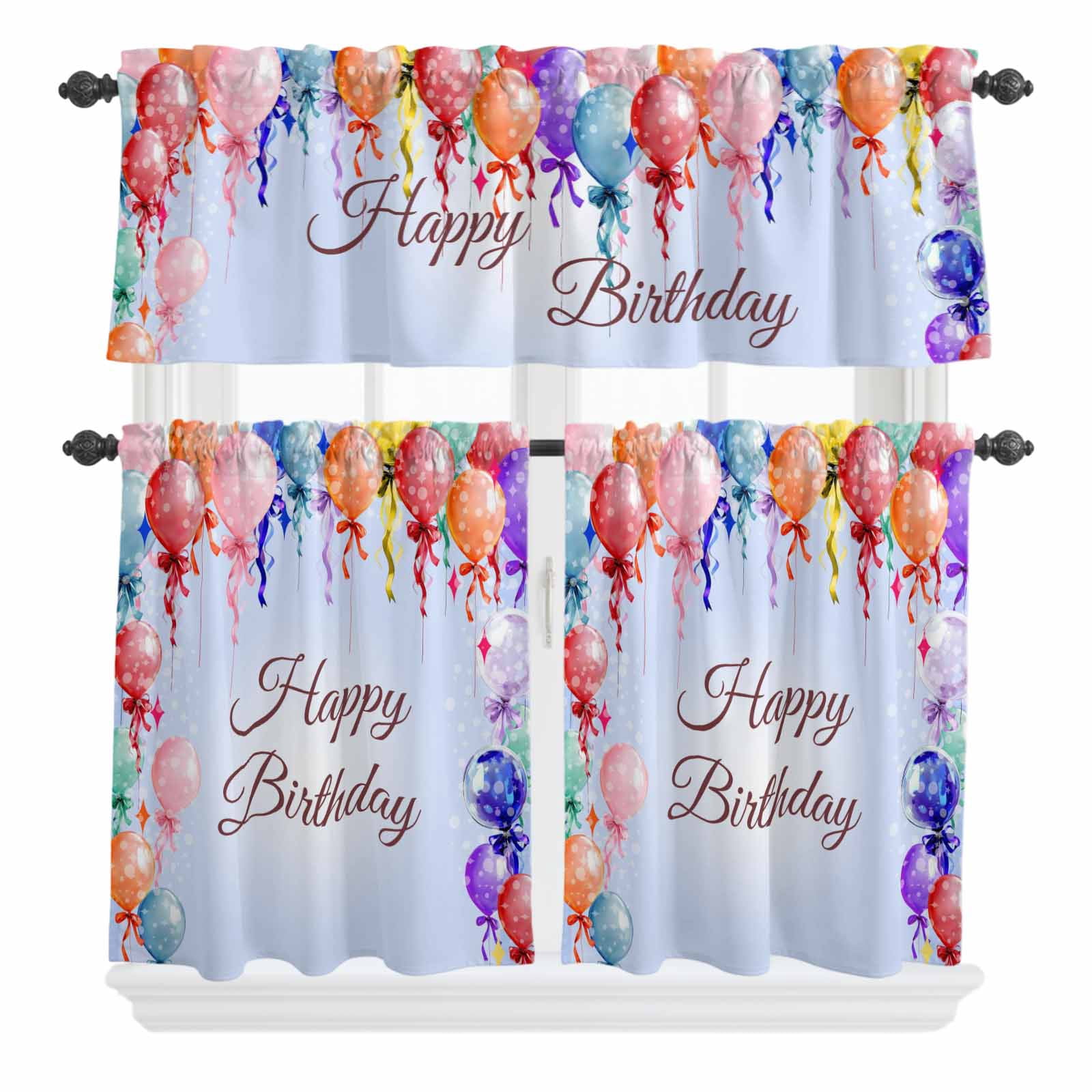 3 Piece Kitchen Curtains and Valances Set Happy Birthday Cafe Curtains ...