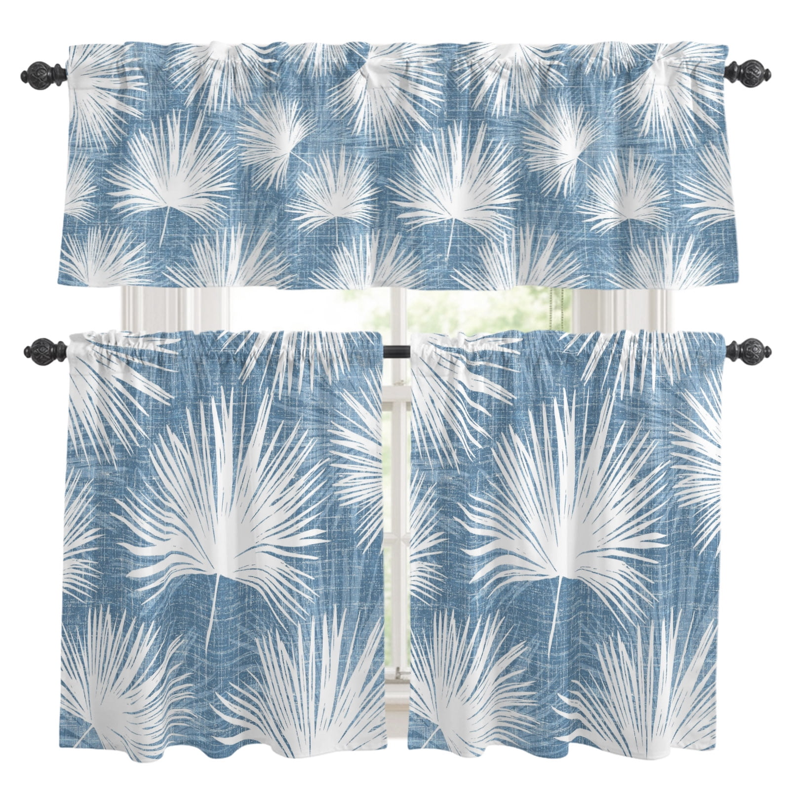 3 Piece Kitchen Curtains and Valances Set Hazy Blue Palm Leaves Coastal ...