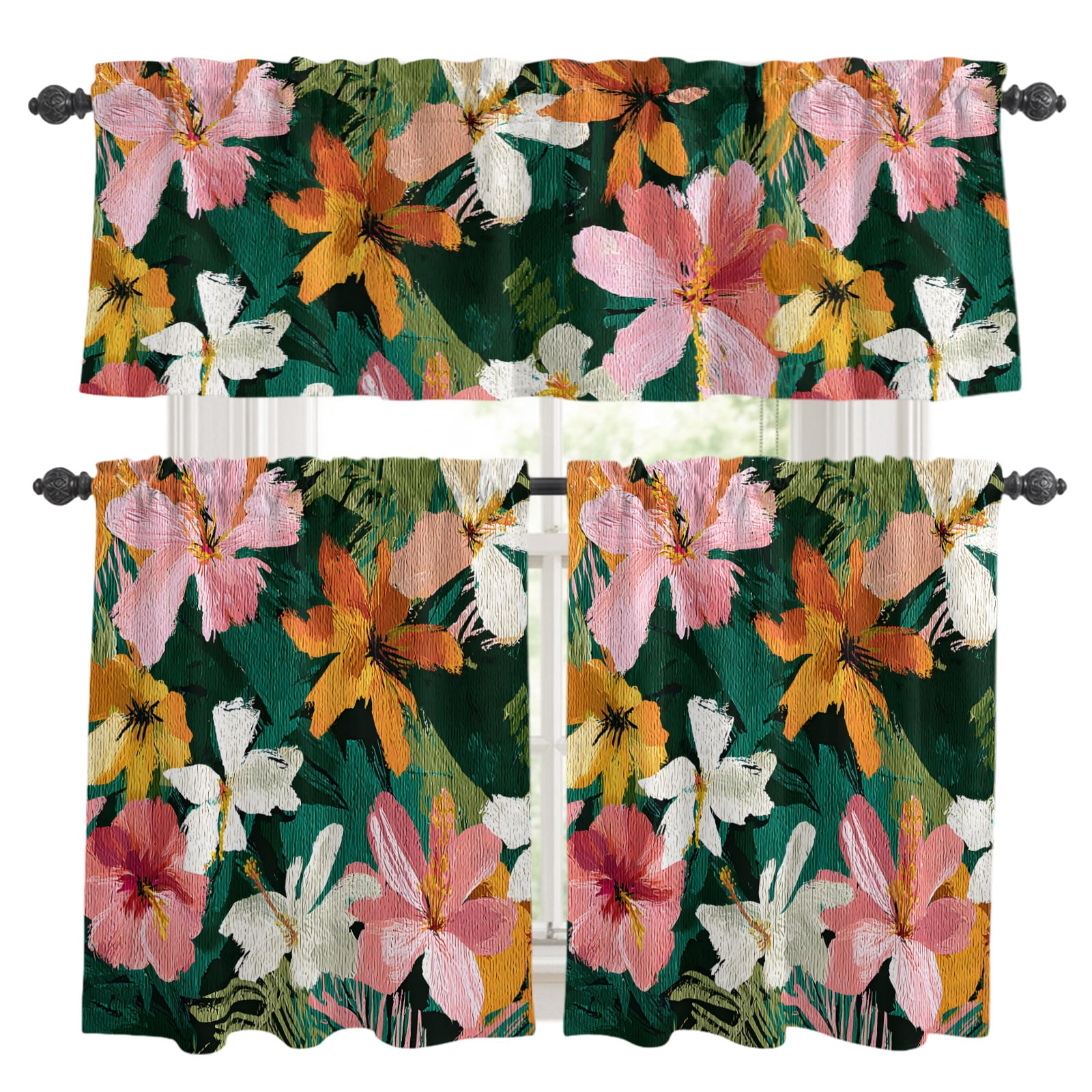 3 Piece Kitchen Curtains and Valances Set Hibiscus Blooms Cafe Curtains ...