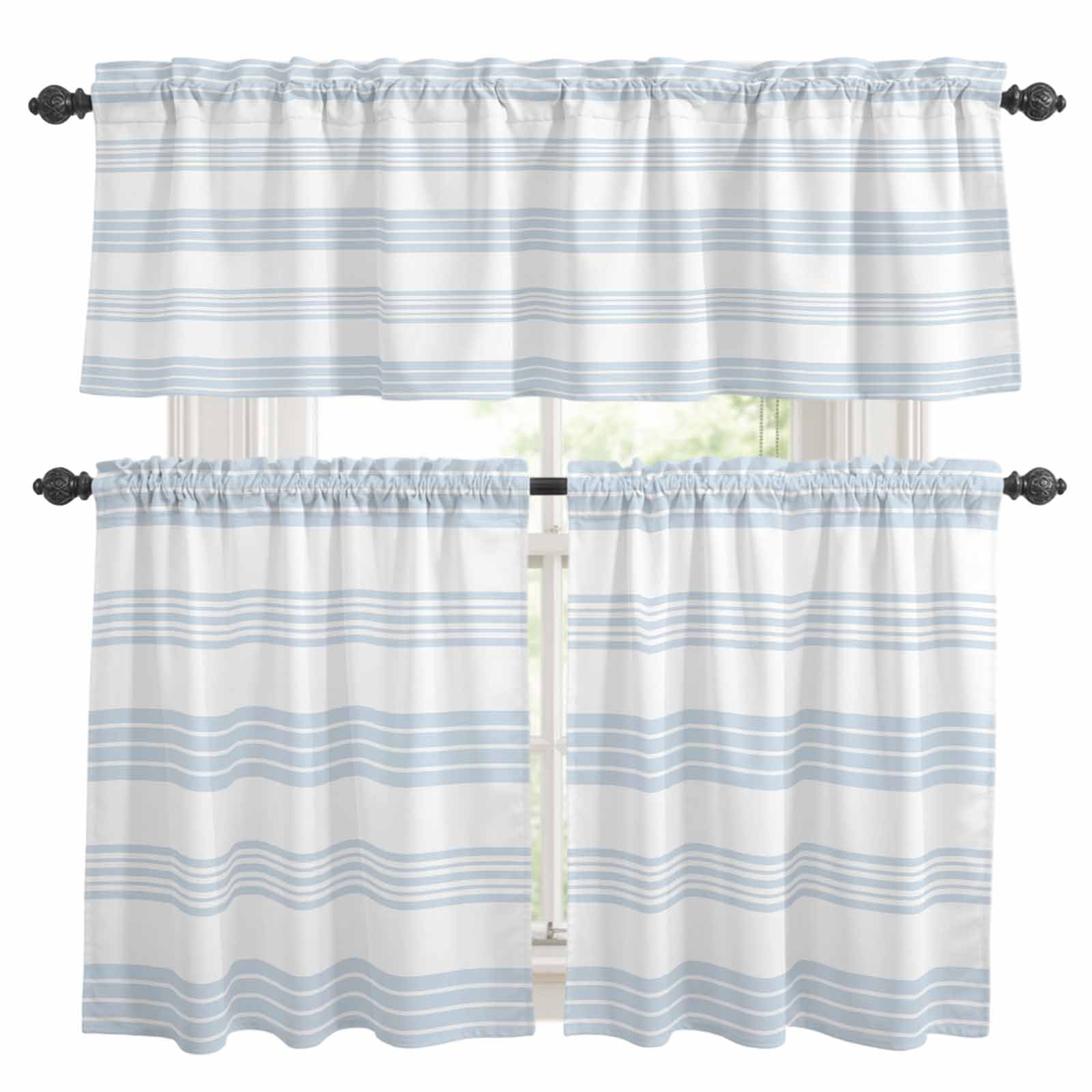 3 Piece Kitchen Curtains and Valances Set Horizontal Striped Cafe ...