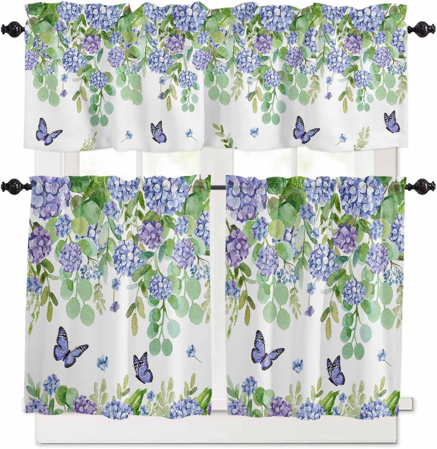 3-Piece Kitchen Curtains and Valances Set Hydrangea Eucalyptus Leaves ...
