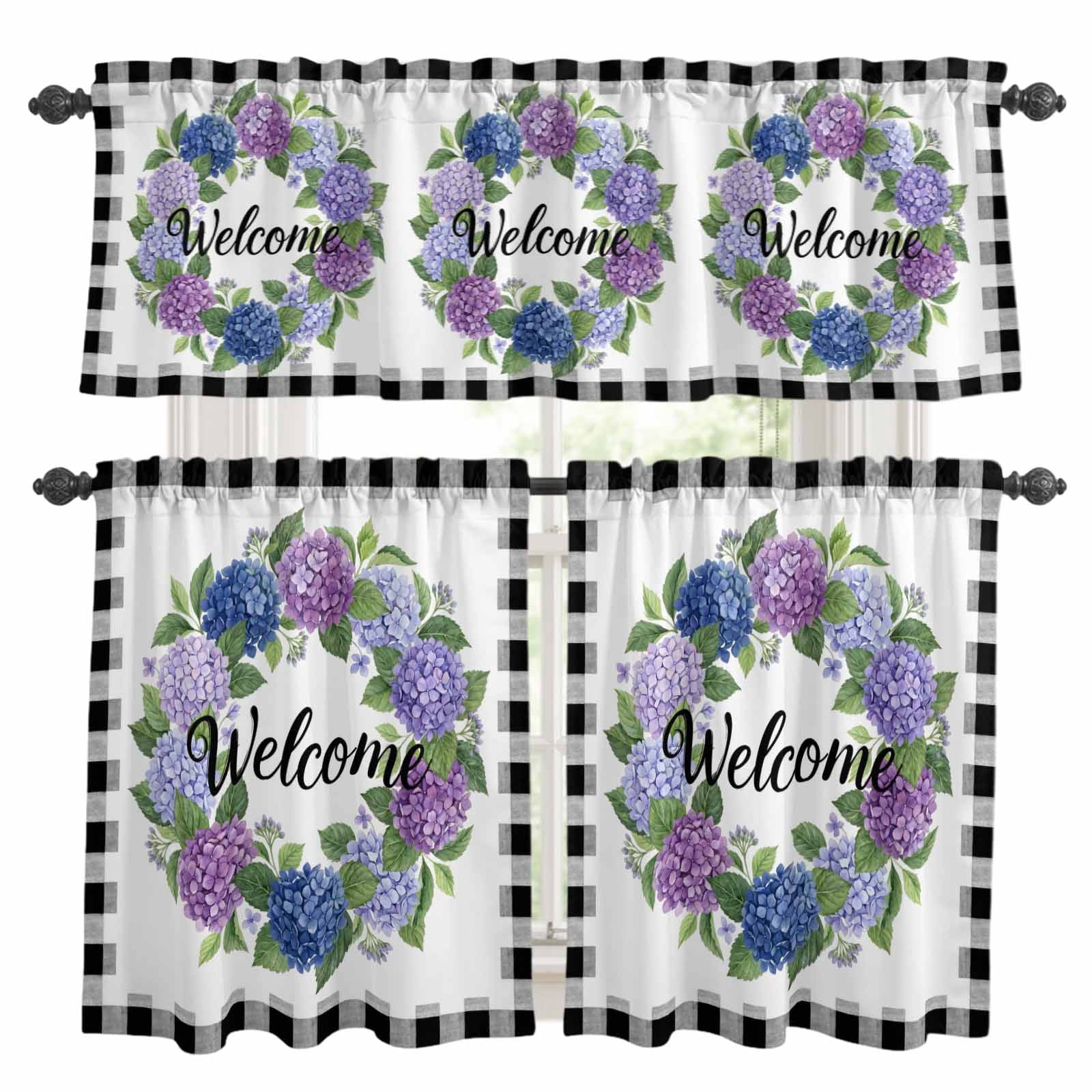 3 Piece Kitchen Curtains and Valances Set Hydrangea Wreath Cafe ...