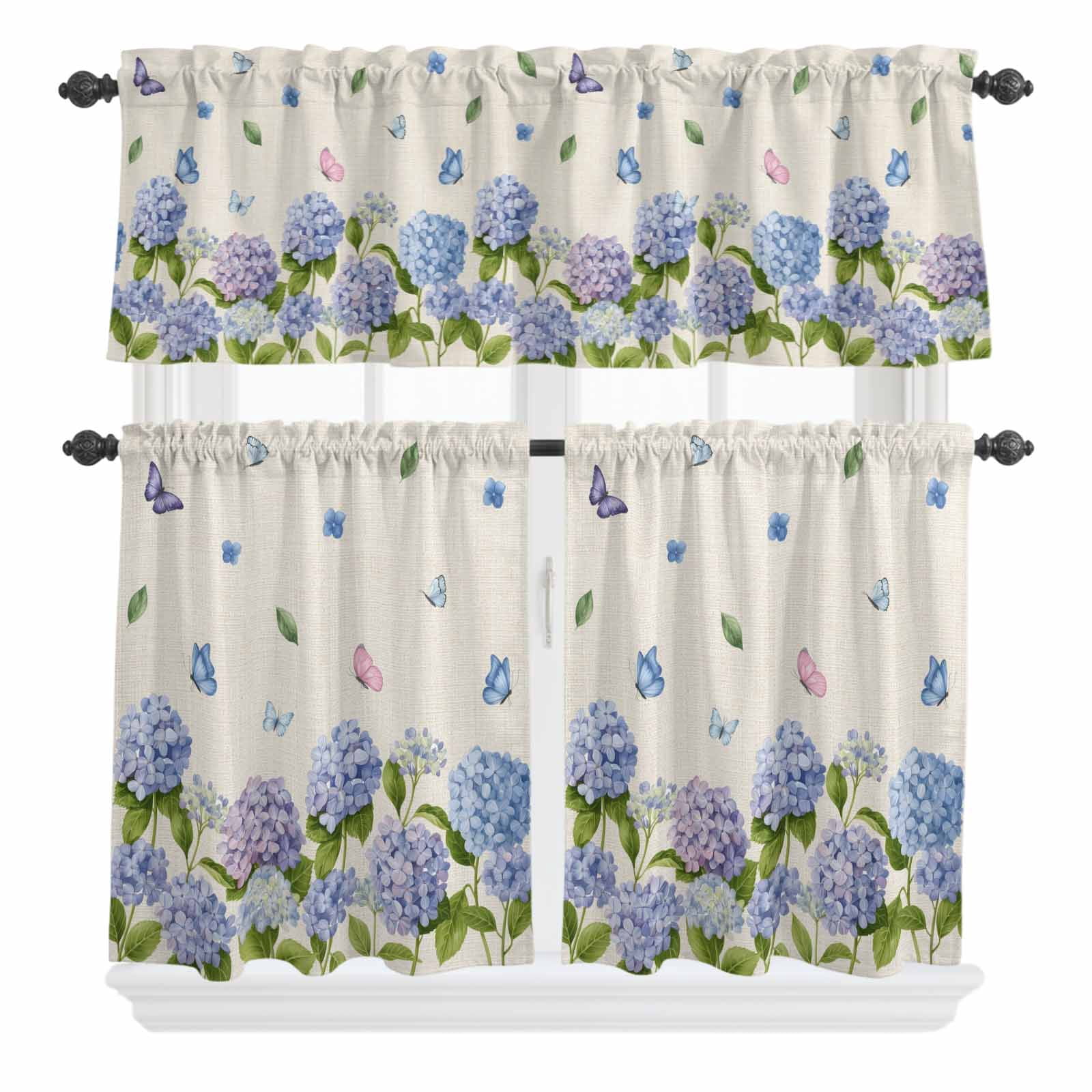 3 Piece Kitchen Curtains and Valances Set Hydrangeas Cafe Curtains 36 ...