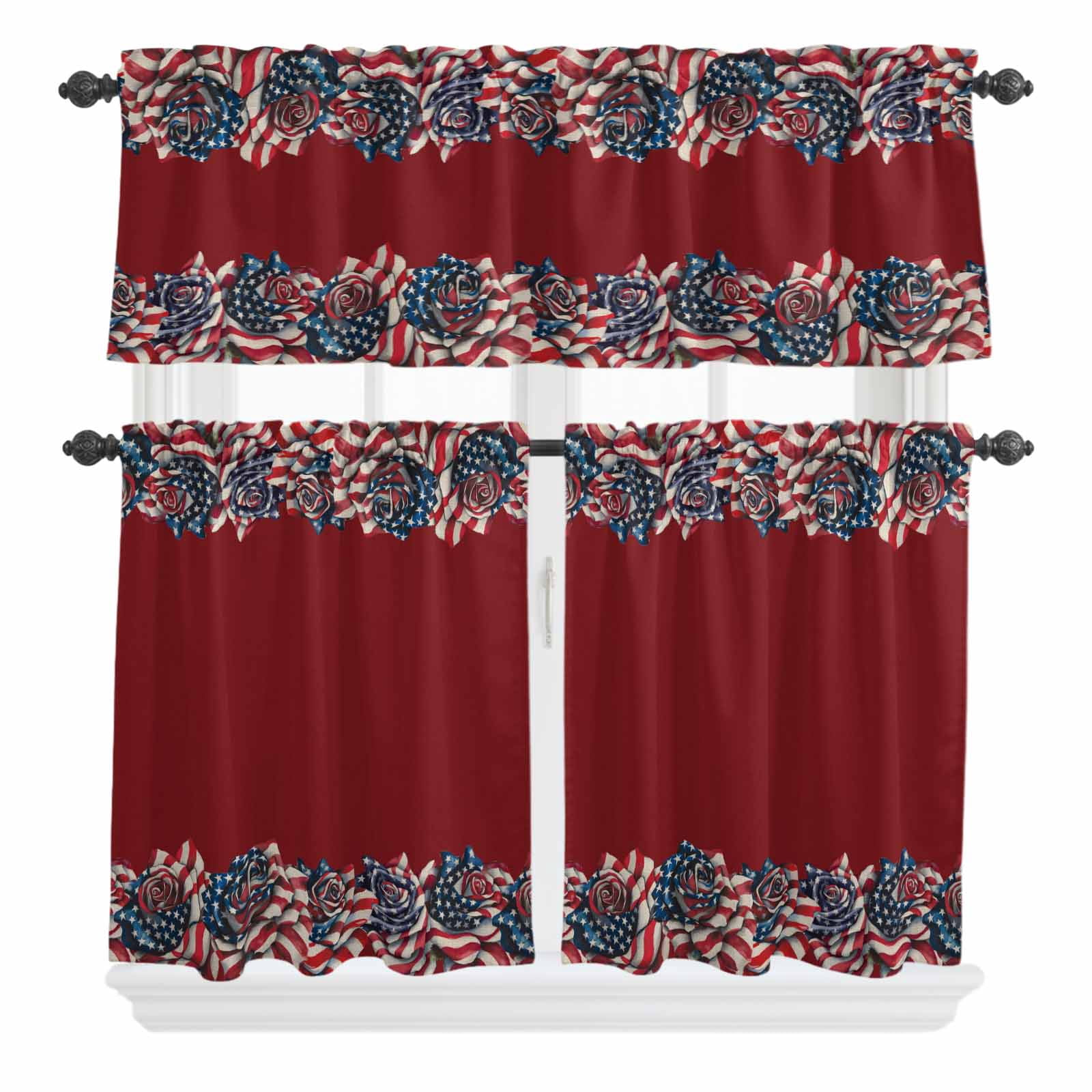 3 Piece Kitchen Curtains and Valances Set Independence Day Cafe ...