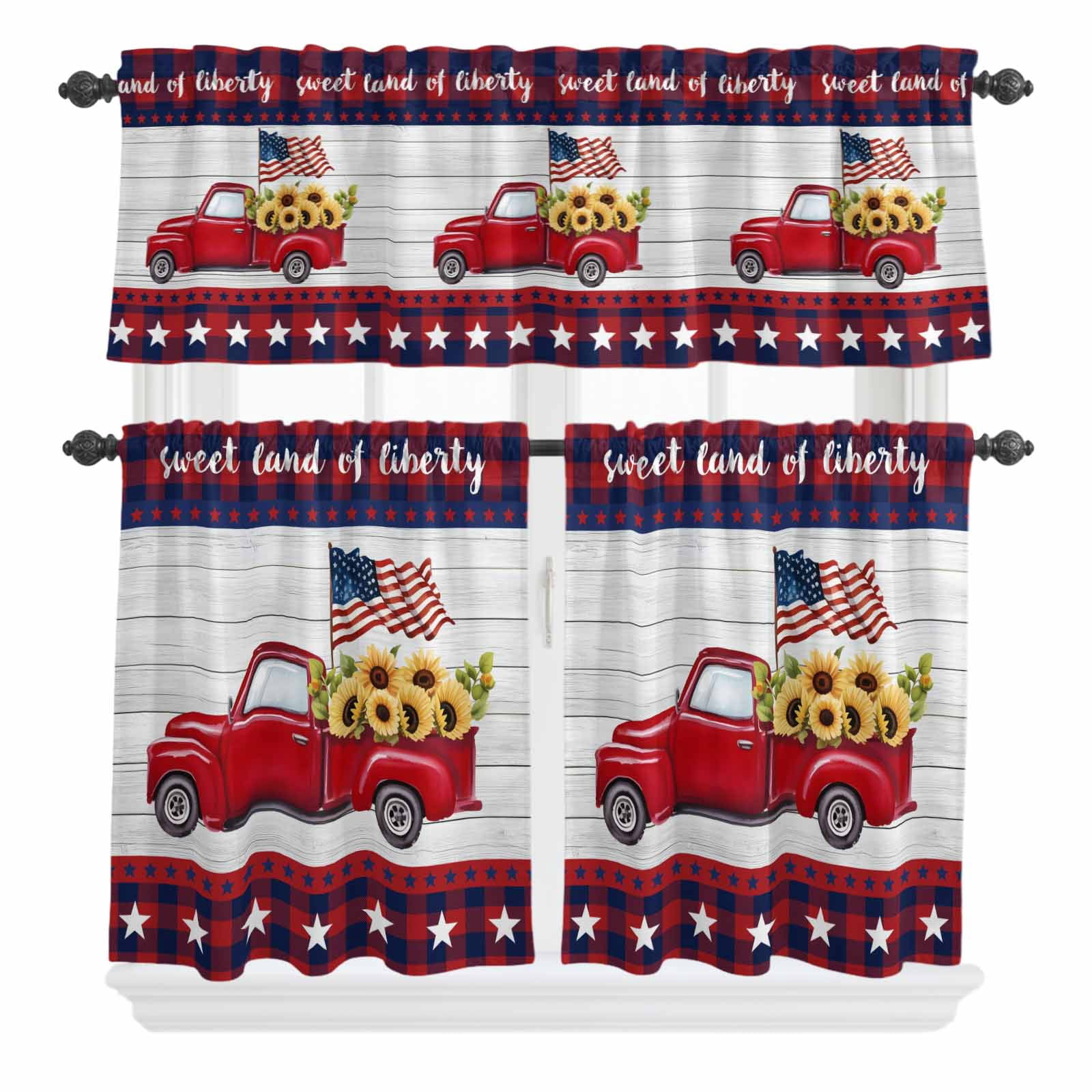 3 Piece Kitchen Curtains and Valances Set Independence Day Cafe ...
