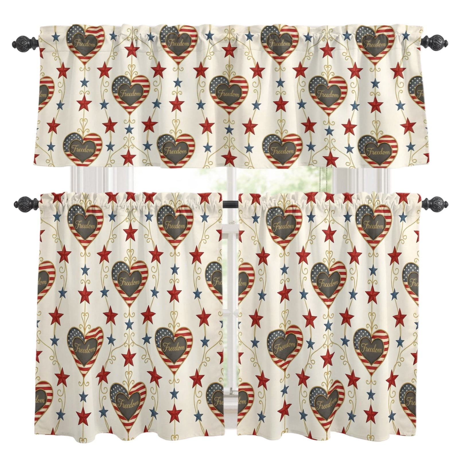 3 Piece Kitchen Curtains and Valances Set Independence Day Cafe ...