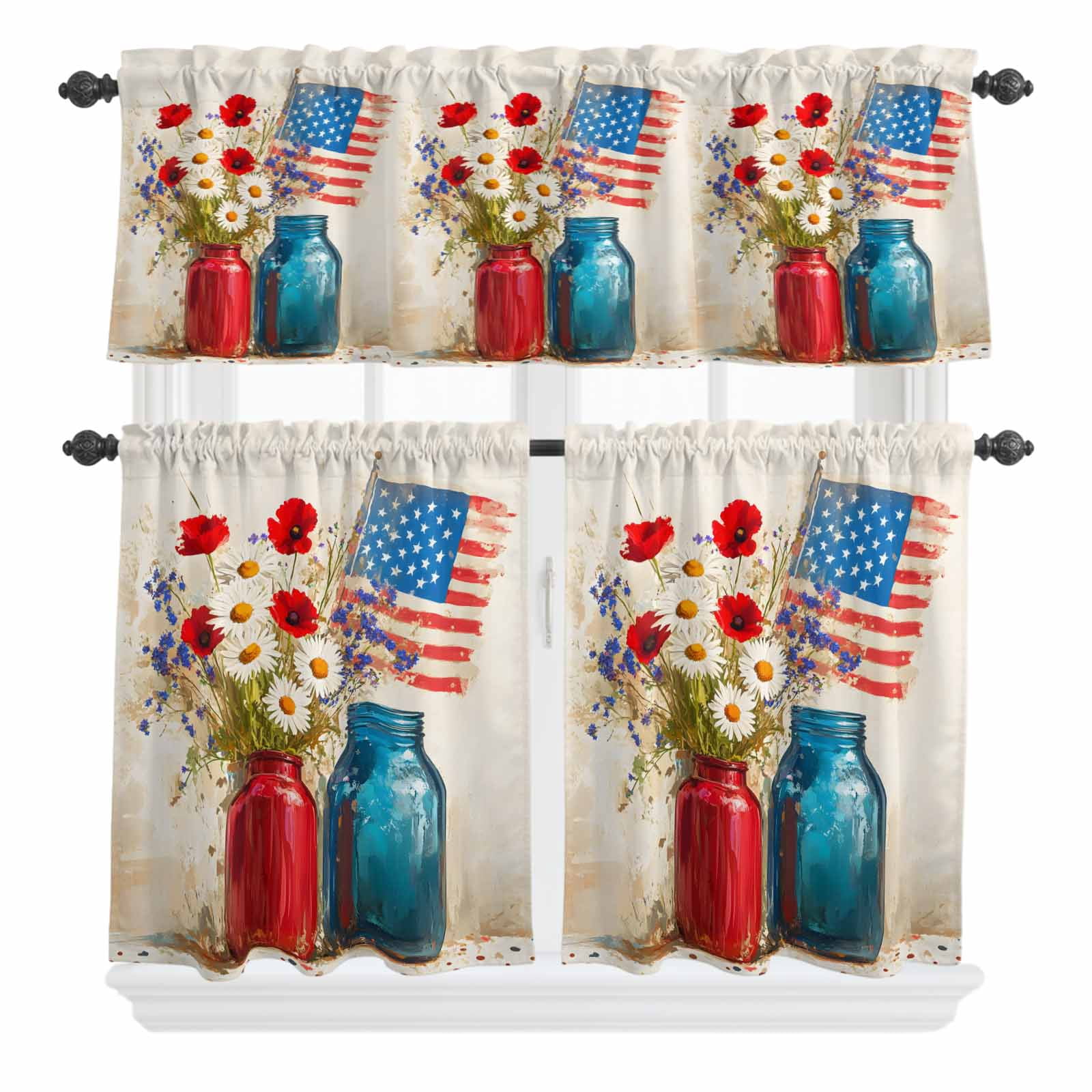 3 Piece Kitchen Curtains and Valances Set Independence Day Cafe ...