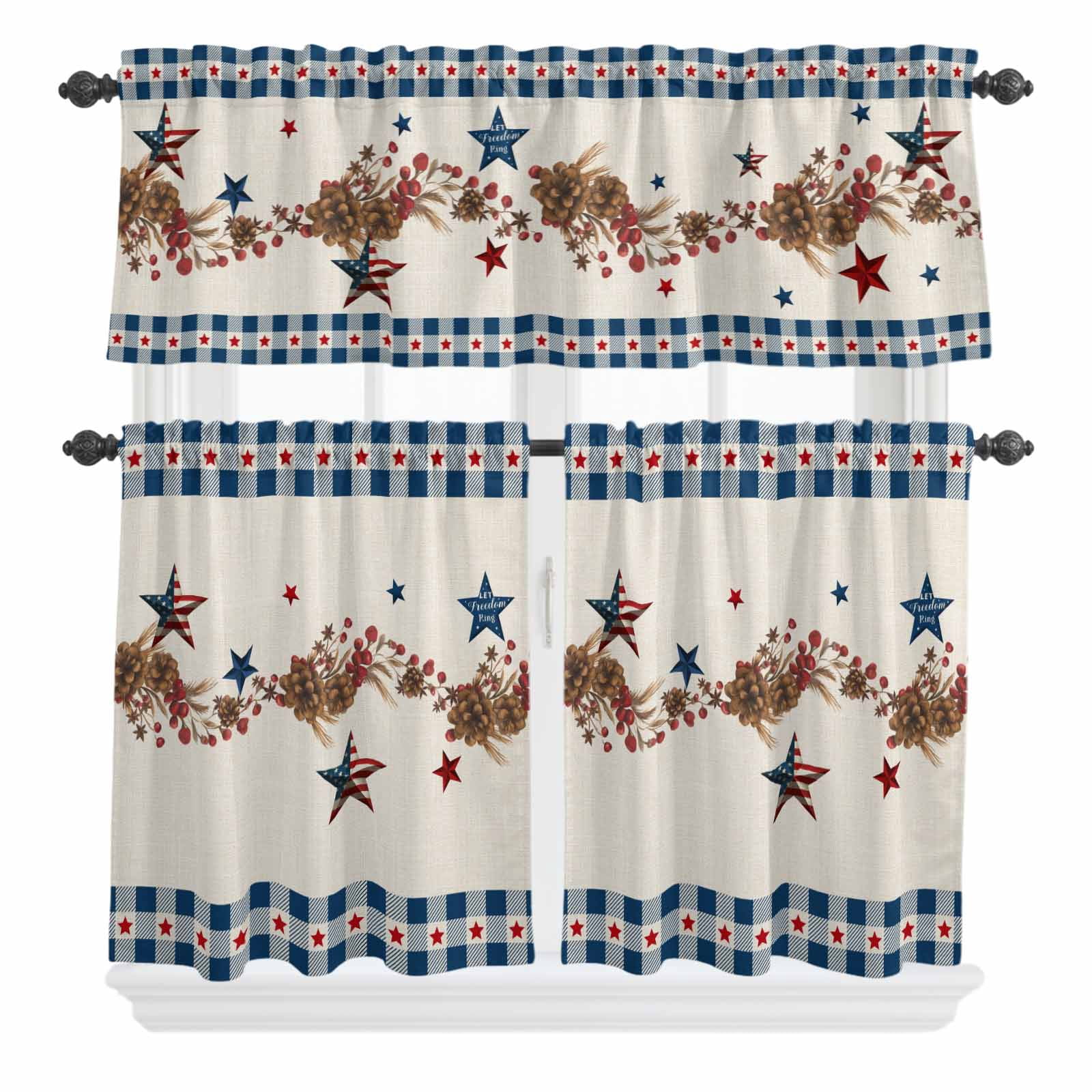 3 Piece Kitchen Curtains and Valances Set Independence Day Cafe ...