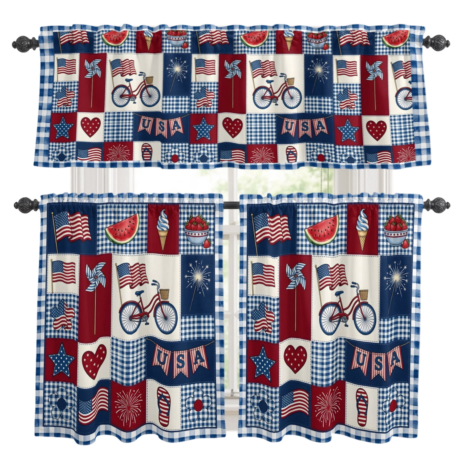 3 Piece Kitchen Curtains and Valances Set Independence Day Cafe ...