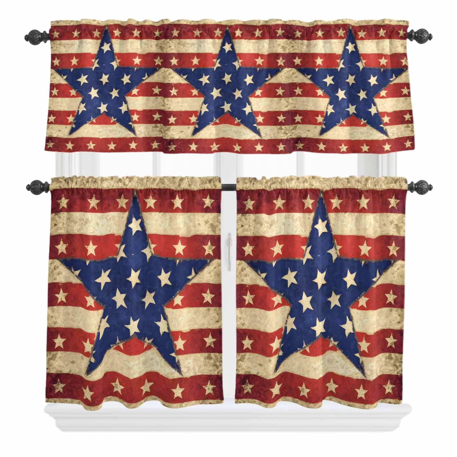 3 Piece Kitchen Curtains and Valances Set Independence Day Cafe ...