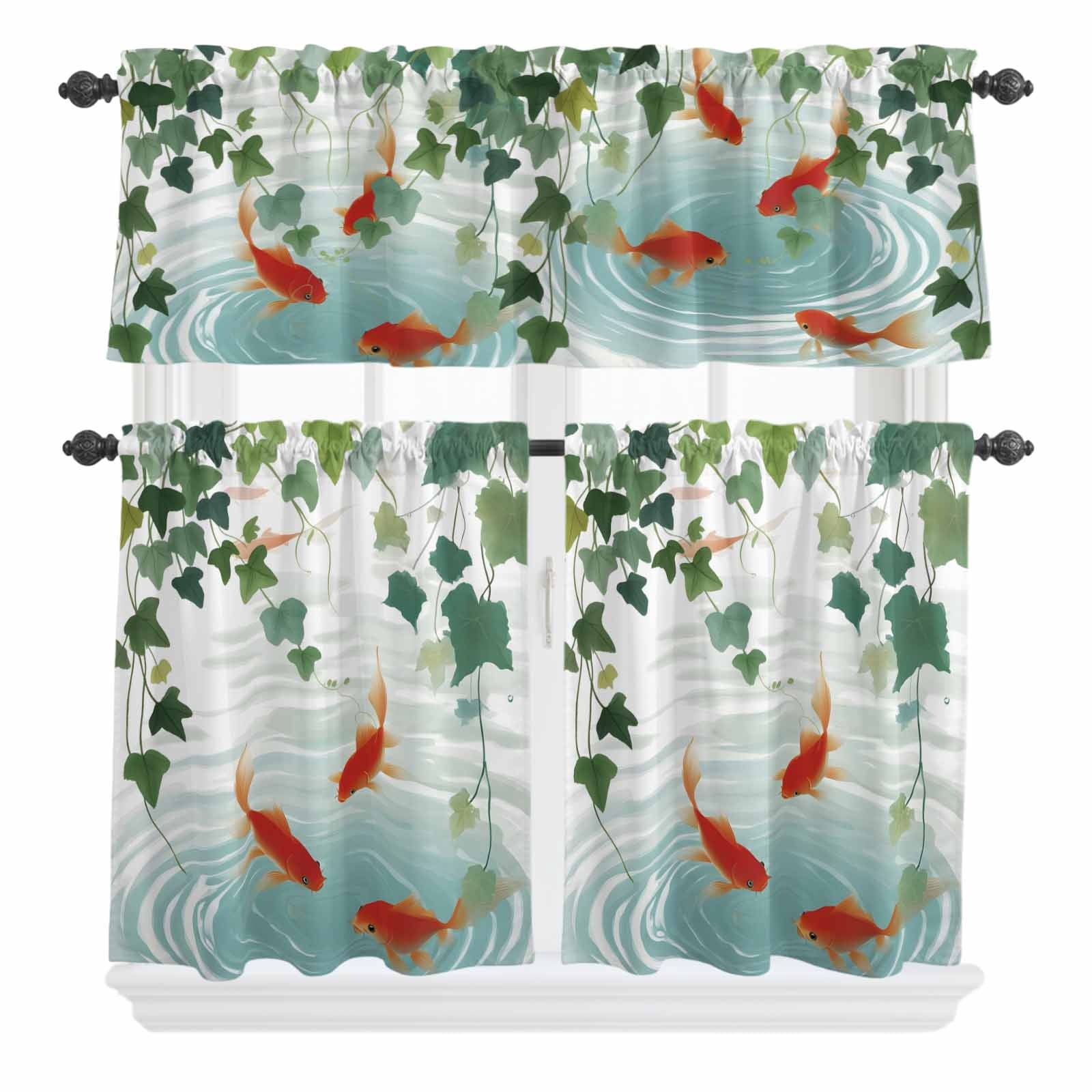 3 Piece Kitchen Curtains and Valances Set Japanese Carp Fish Cafe ...