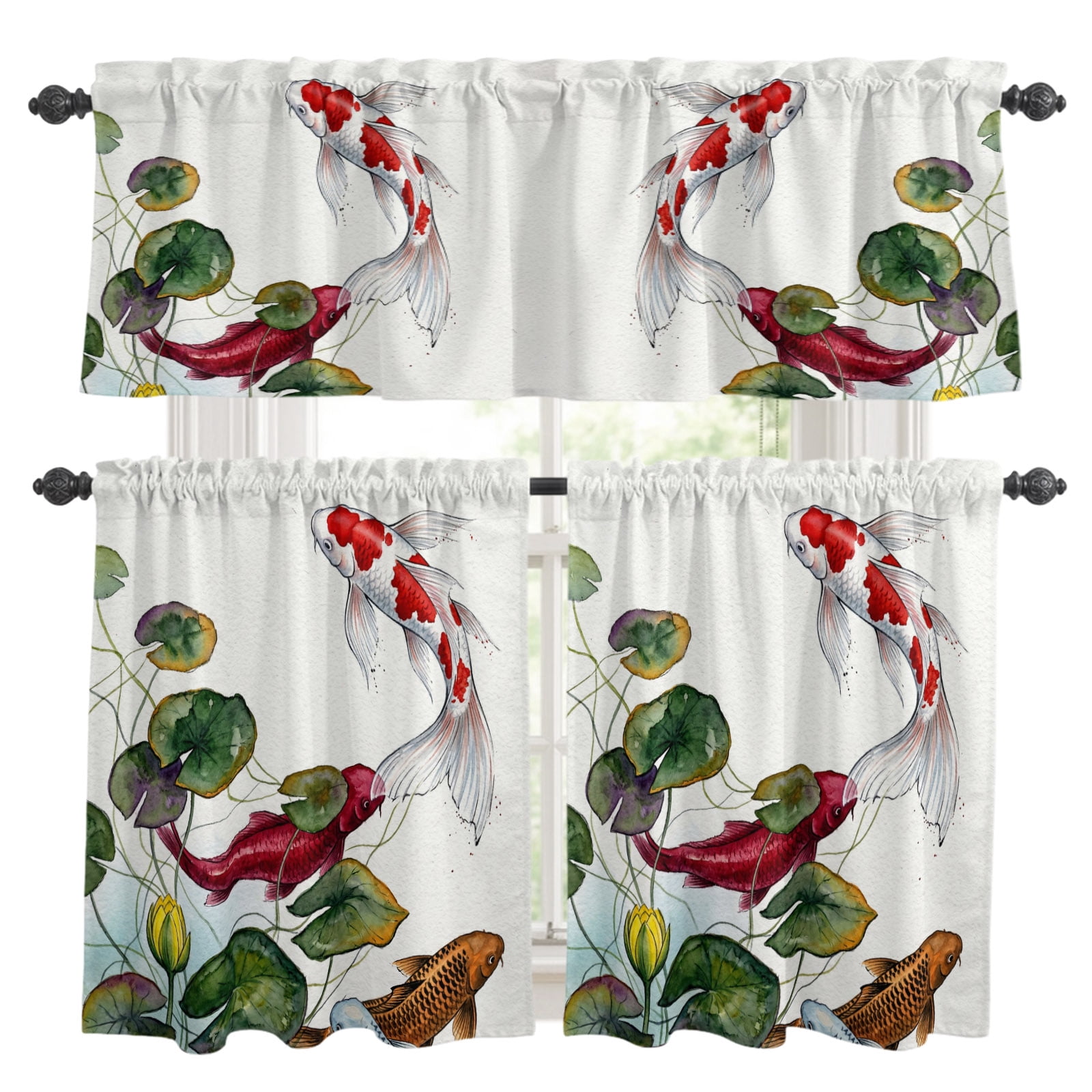 3 Piece Kitchen Curtains and Valances Set Japanese Fish Cafe Curtains ...