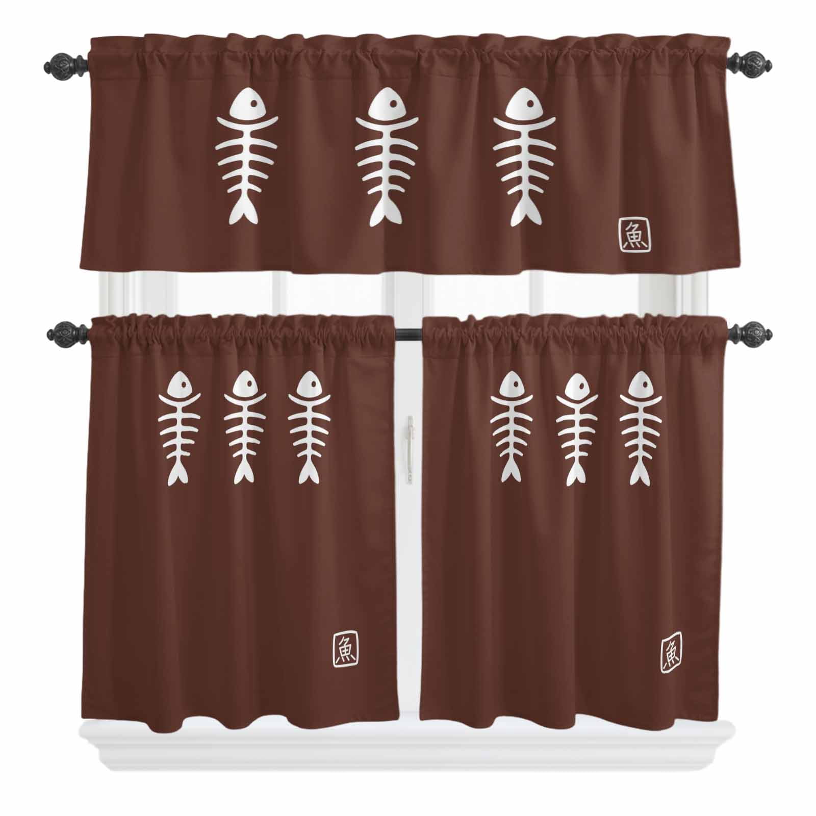 3 Piece Kitchen Curtains and Valances Set Japanese Fish Cafe Curtains ...