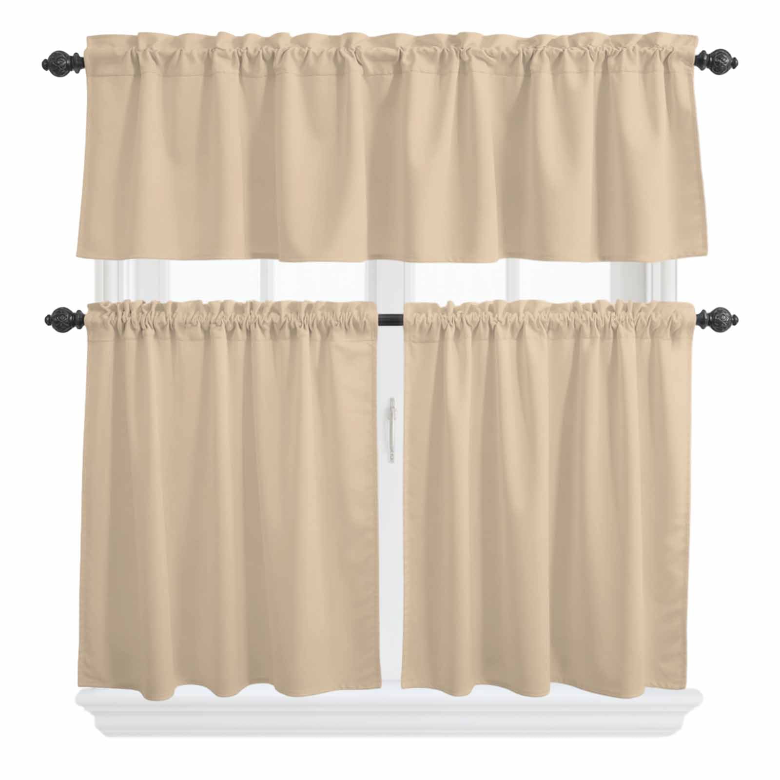 3 Piece Kitchen Curtains and Valances Set Khaki Solid Color Cafe ...