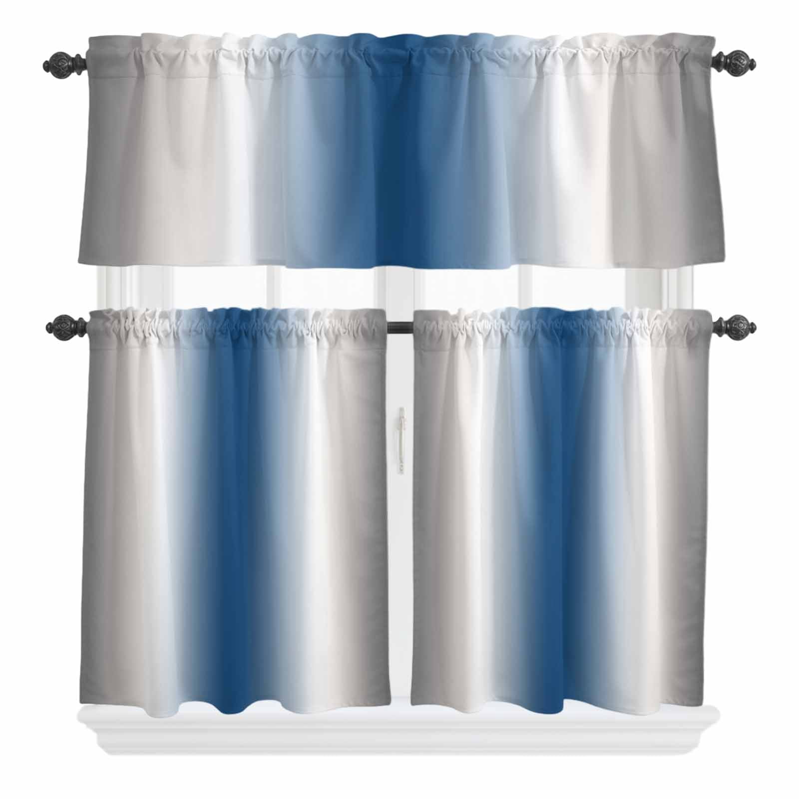 3 Piece Kitchen Curtains and Valances Set Lake Blue Grey White Cafe ...