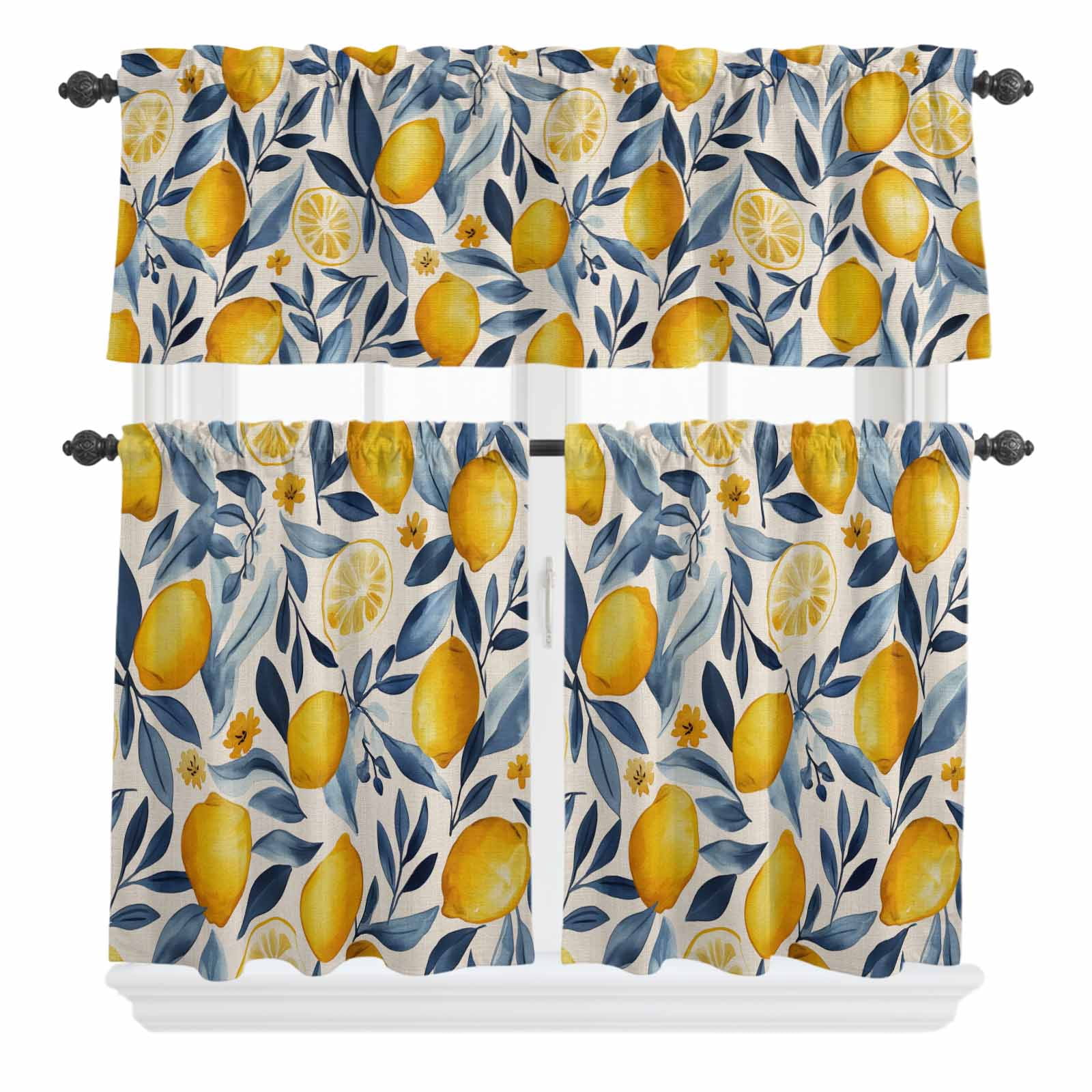 3 Piece Kitchen Curtains and Valances Set Lemon Cafe Curtains 36 Inch ...