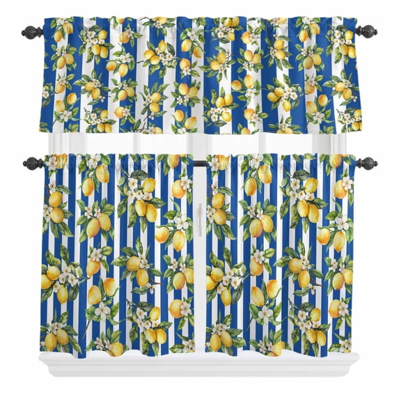 3 Piece Kitchen Curtains and Valances Set Lemon Flowers Cafe Curtains ...