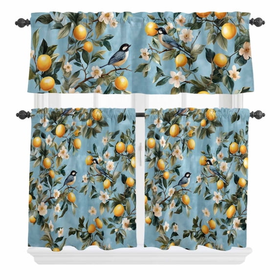 3 Piece Kitchen Curtains and Valances Set Lemon Flowers Cafe Curtains ...