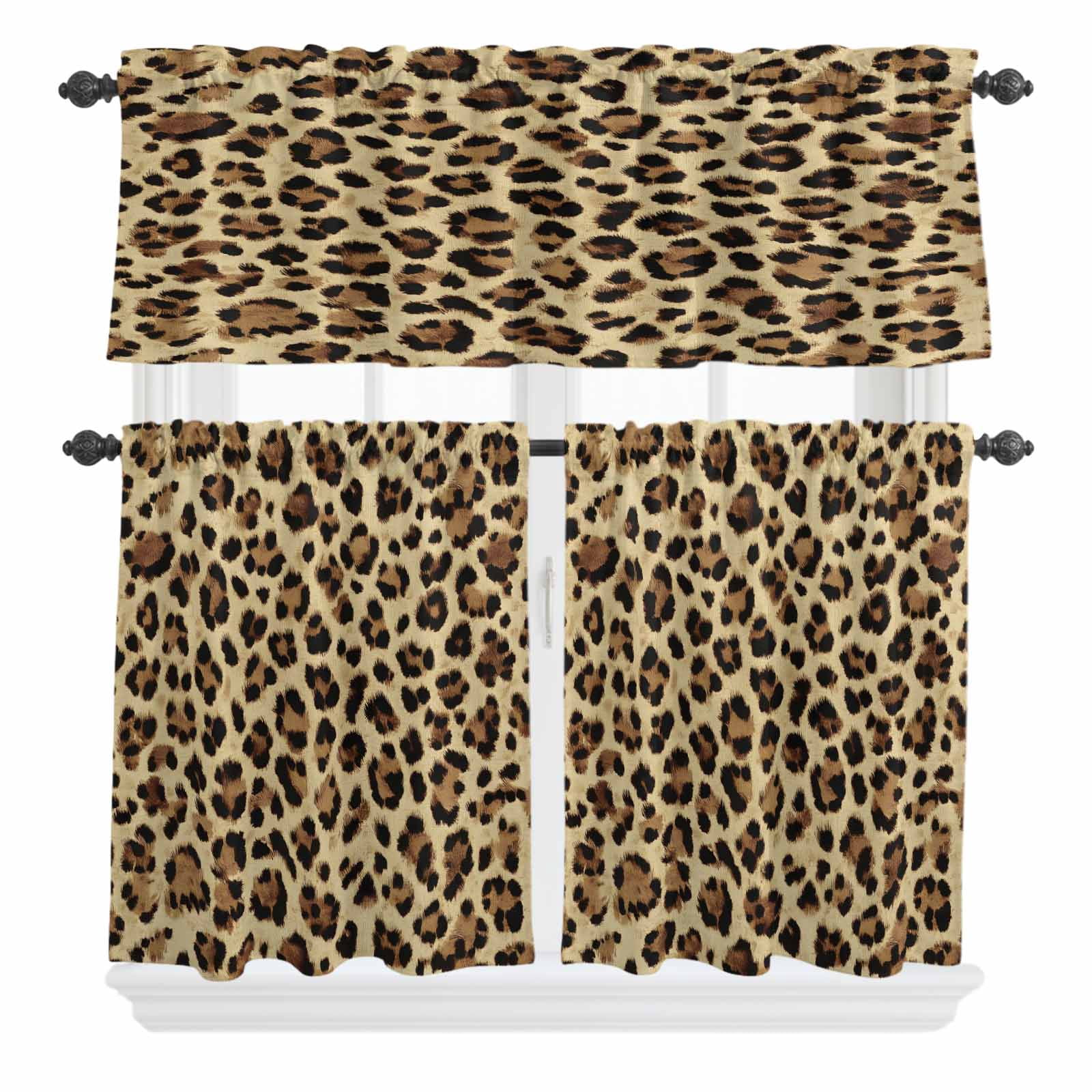 3 Piece Kitchen Curtains and Valances Set Leopard Cafe Curtains 24 Inch ...