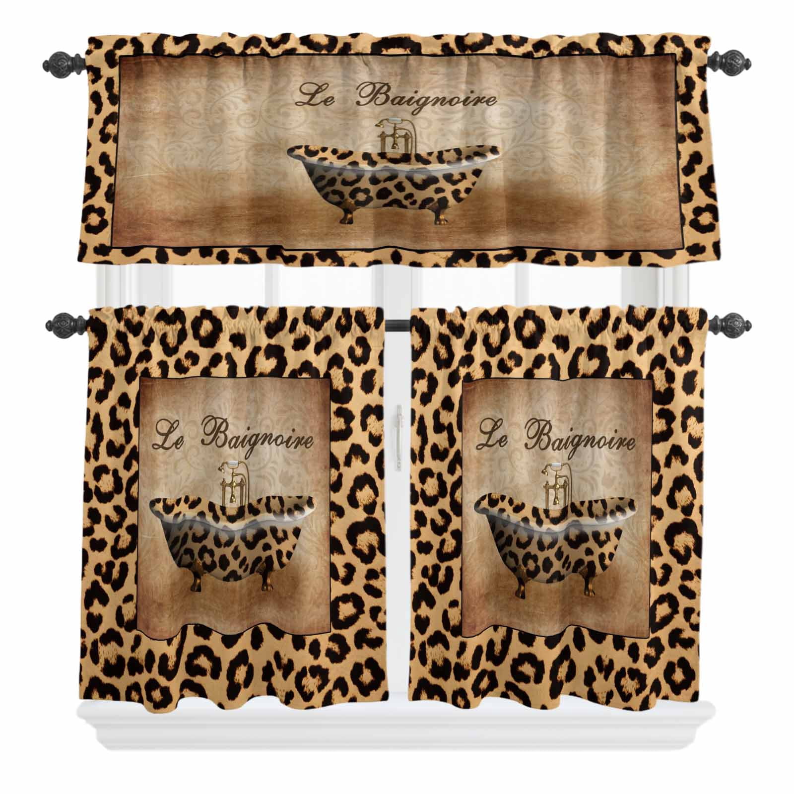 3 Piece Kitchen Curtains and Valances Set Leopard Printed Cafe Curtains ...