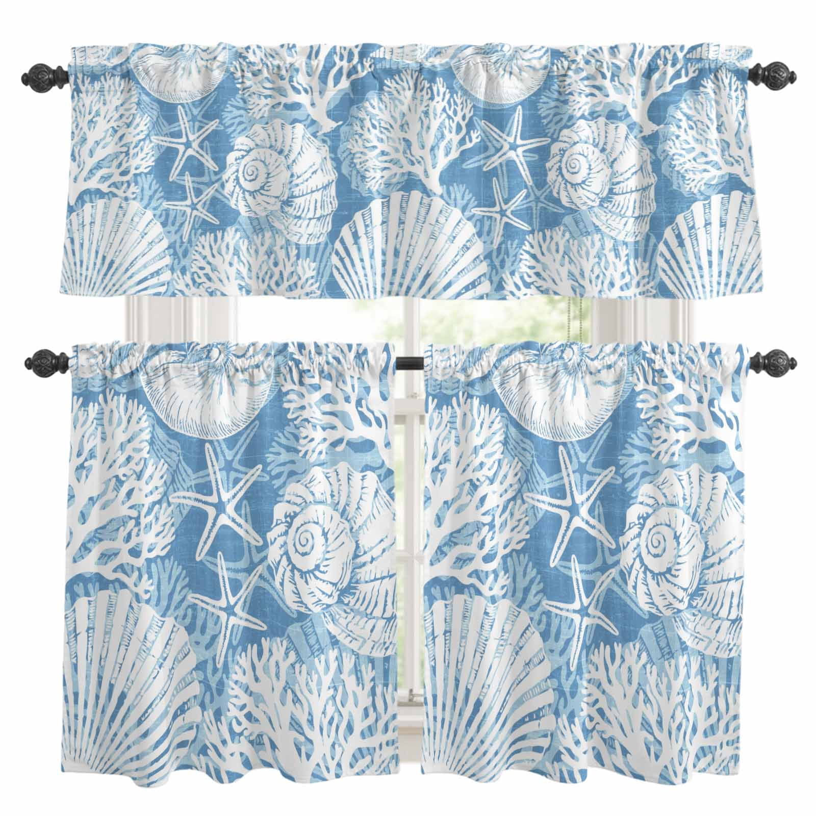 3 Piece Kitchen Curtains and Valances Set Light Blue Starfish Coastal ...