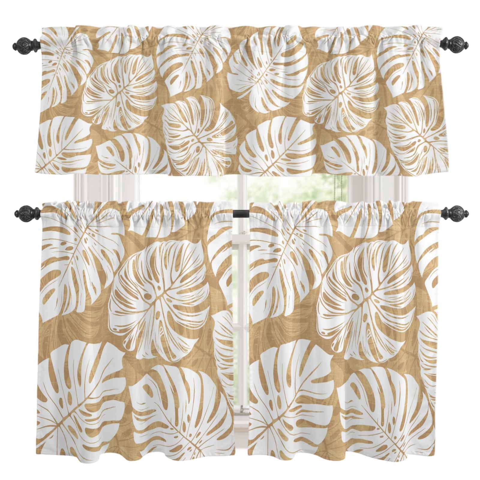 3 Piece Kitchen Curtains and Valances Set Light Brown Monstera ...