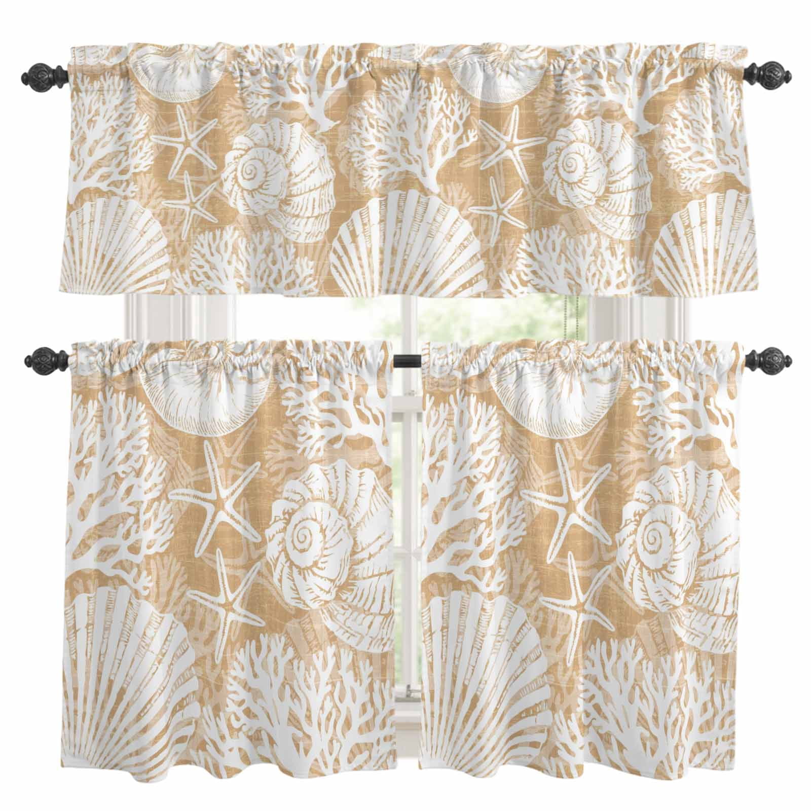 3 Piece Kitchen Curtains and Valances Set Light Brown Starfish Coastal ...