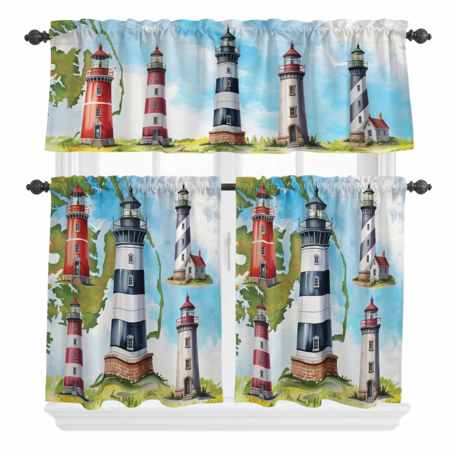 3 Piece Kitchen Curtains and Valances Set Lighthouse Cafe Curtains 24 ...