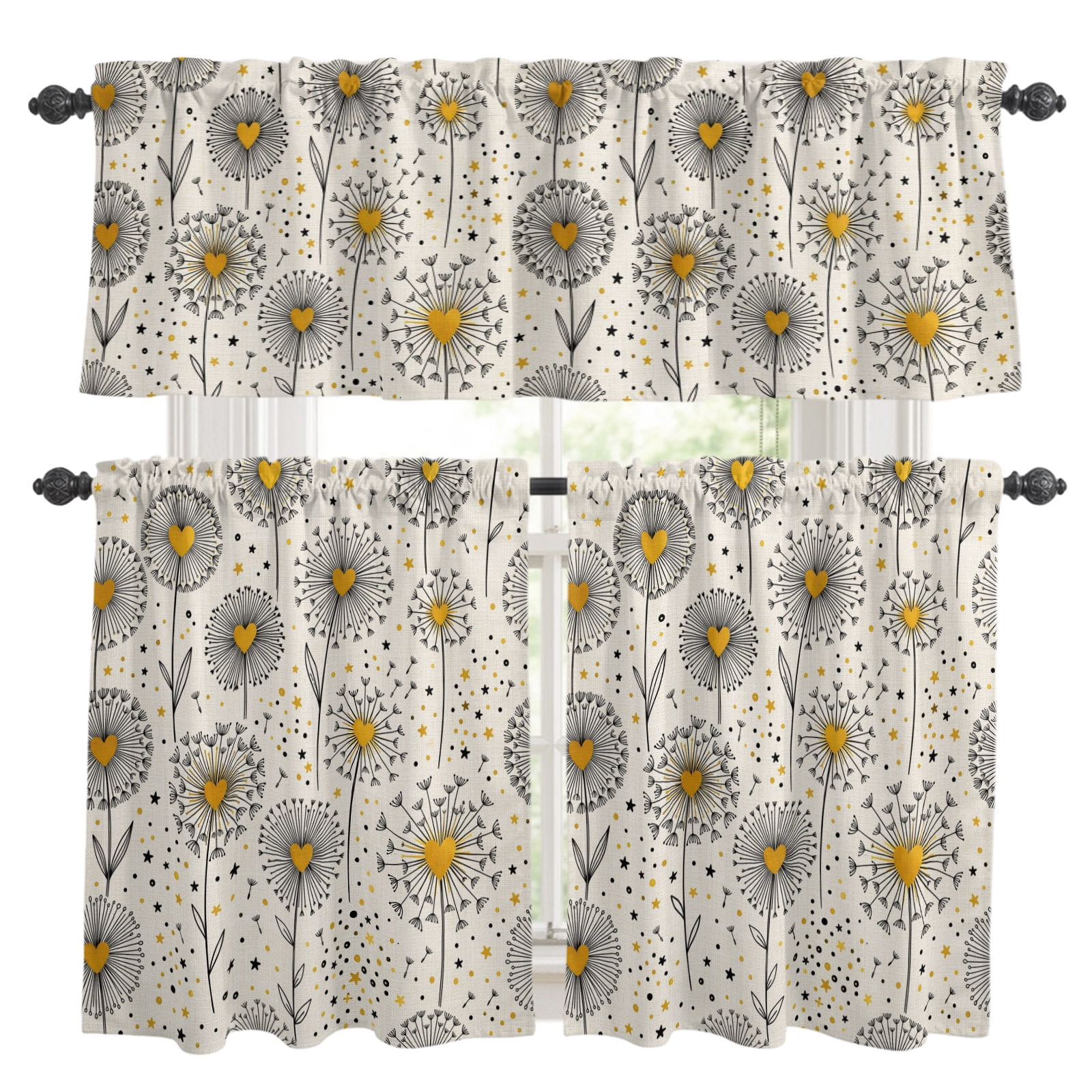 3 Piece Kitchen Curtains and Valances Set Love Heart Floral Cafe ...