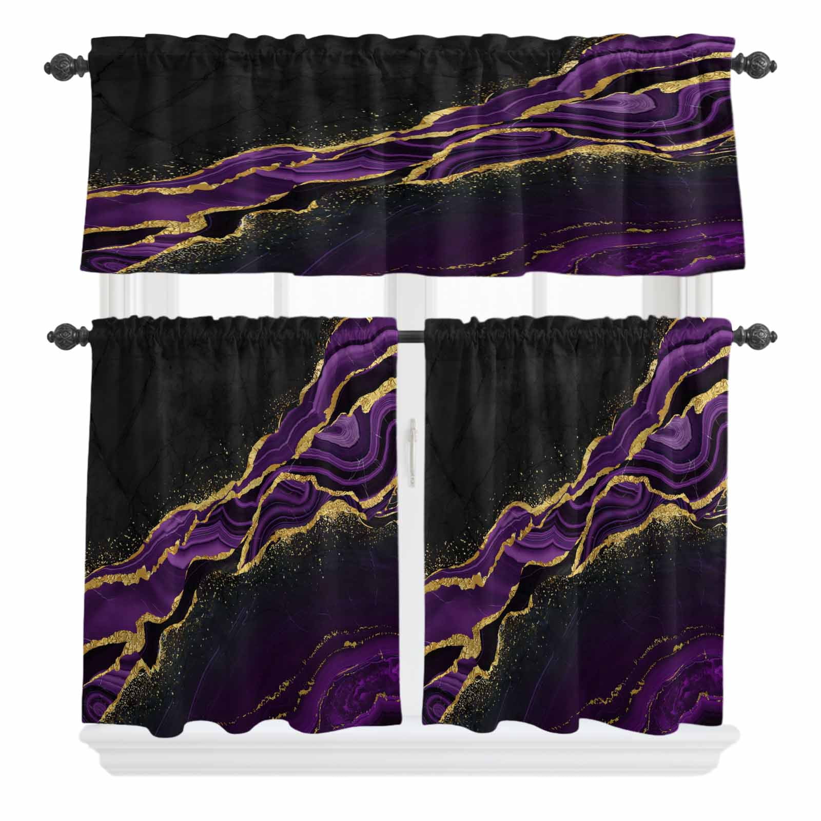 3 Piece Kitchen Curtains and Valances Set Marble Black Cafe Curtains 24 ...
