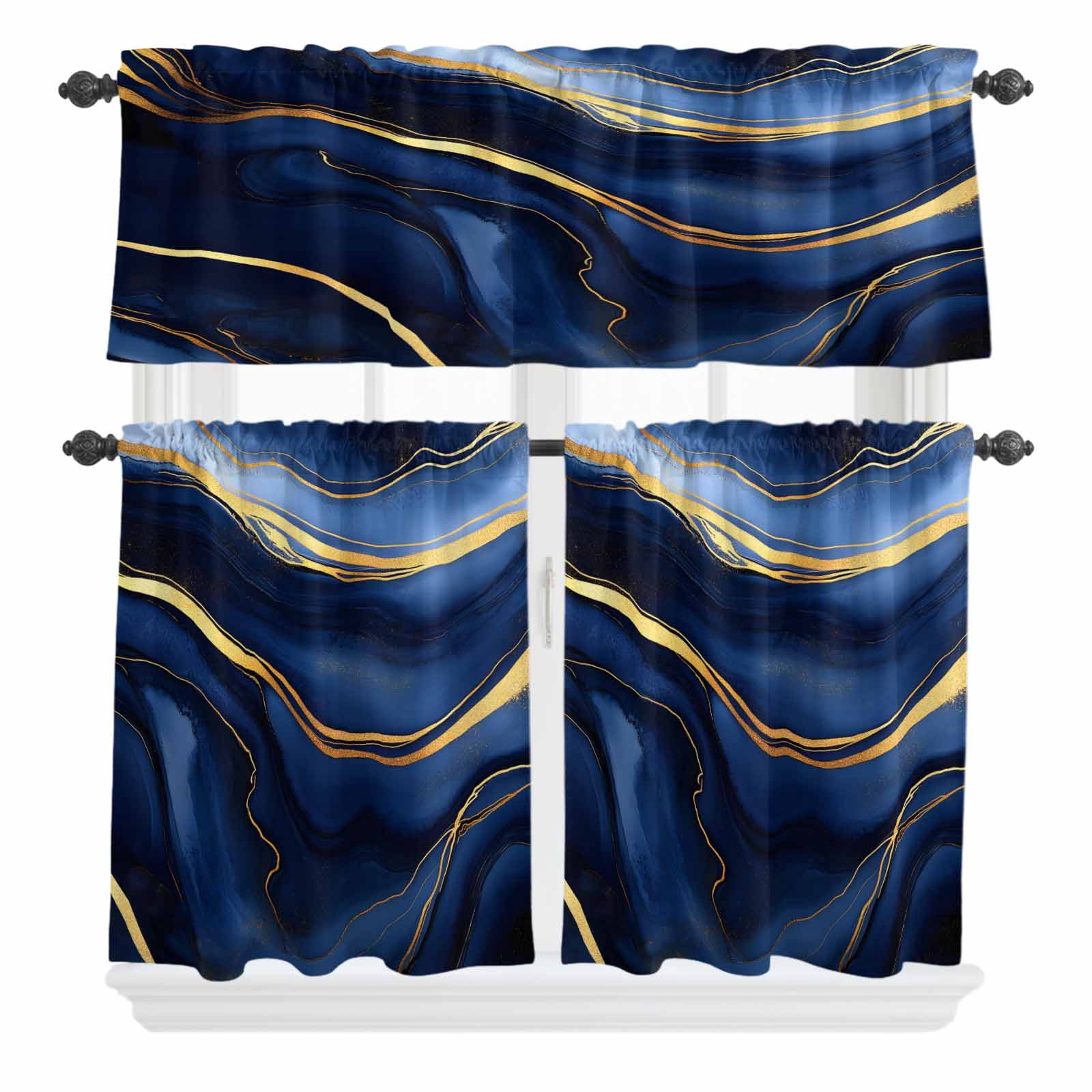 3 Piece Kitchen Curtains and Valances Set Marble Navy Blue Cafe ...