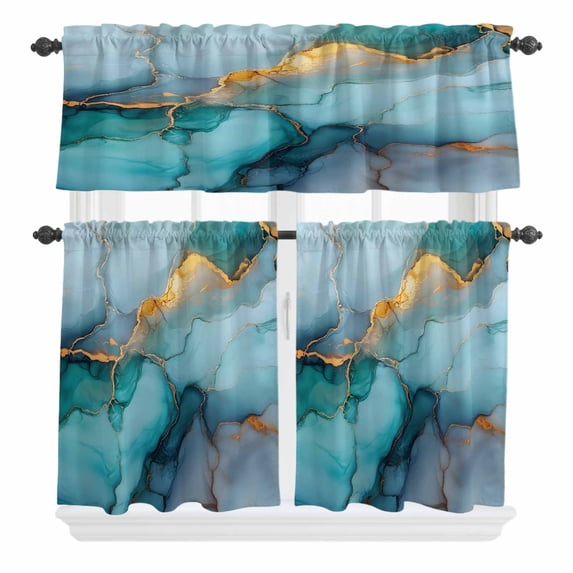 3 Piece Kitchen Curtains and Valances Set Marble Teal Cafe Curtains 36 ...