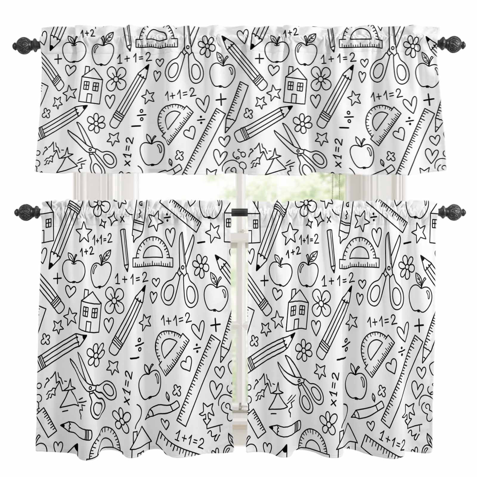 3 Piece Kitchen Curtains and Valances Set Mathematics Tools Sketch Cafe ...